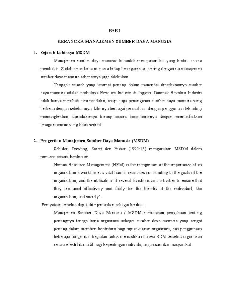 Bab I Kerangka Manajemen Sumber Daya Manusia 1. Sejarah Lahirnya MSDM | PDF