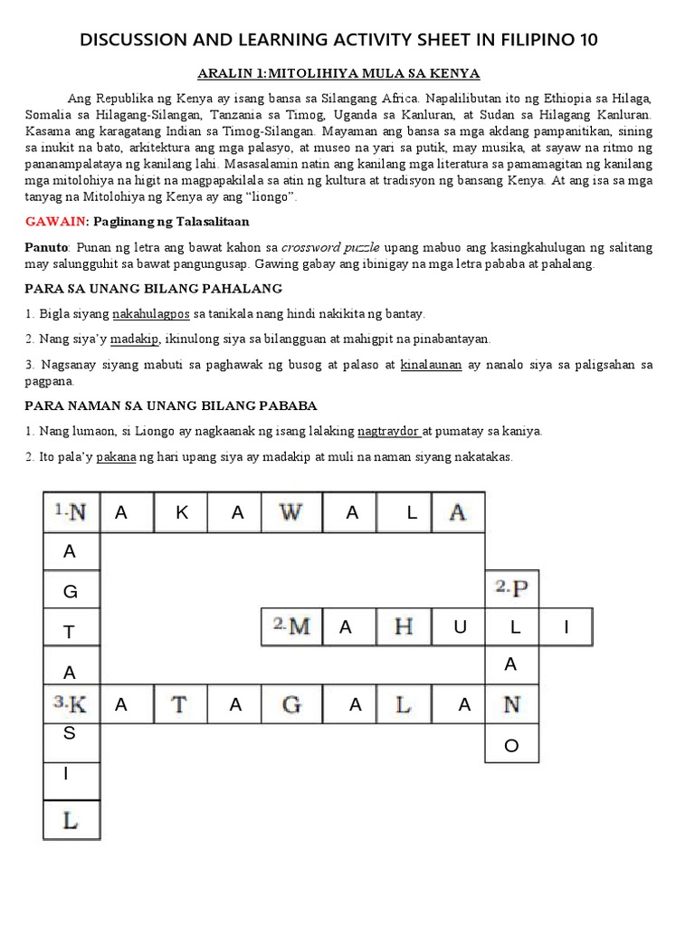 Discussion and Learning Activity Sheet in Filipino 10 | PDF