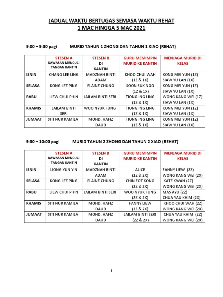Jadual Waktu Bertugas Waktu Rehat Dan Masa Murid Menunggu Kereta | PDF