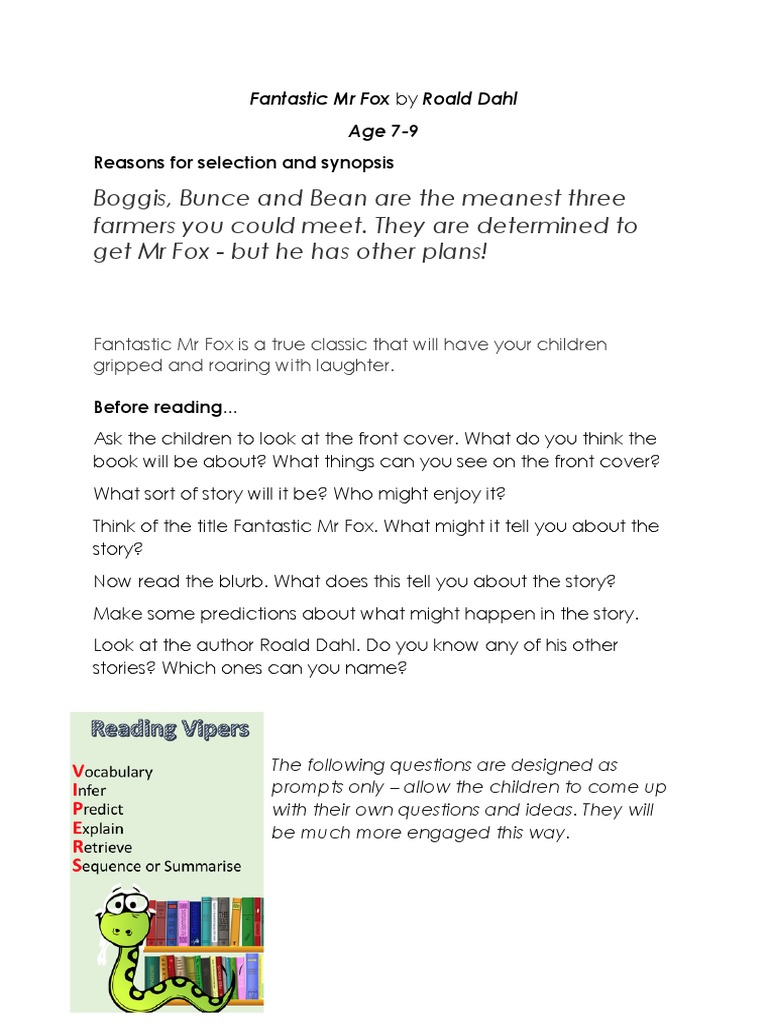 Fantastic MR Fox by Roald Dahl 7-9 - VIPERS Discussion Guide | PDF
