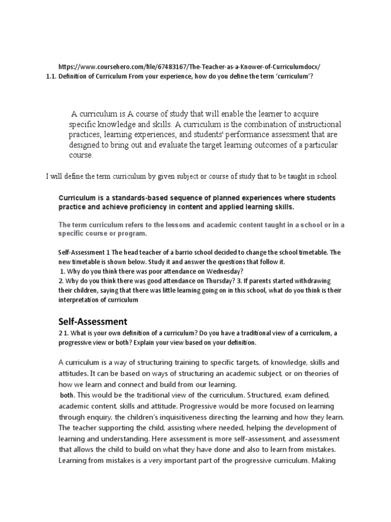 Self-Assessment: I Will Define The Term Curriculum by Given Subject or ...