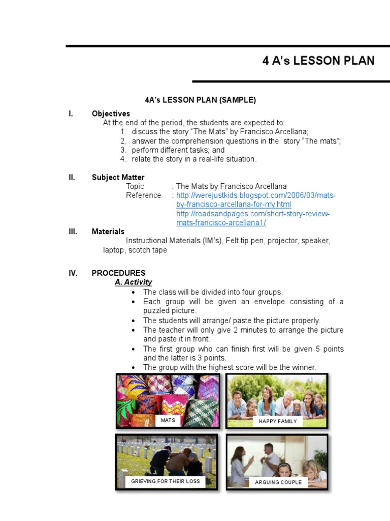 4A'S Lesson Plan (Sample) I. Objectives | PDF | Lesson Plan | Learning