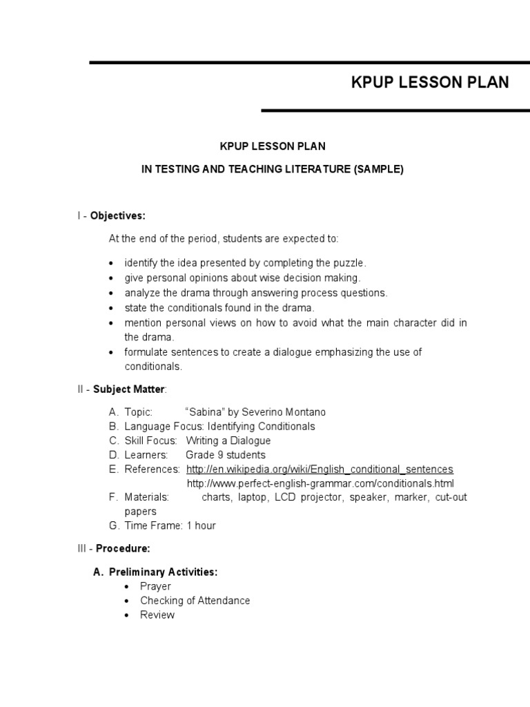 Kpup Lesson Plan in Testing and Teaching Literature (Sample) | Download ...