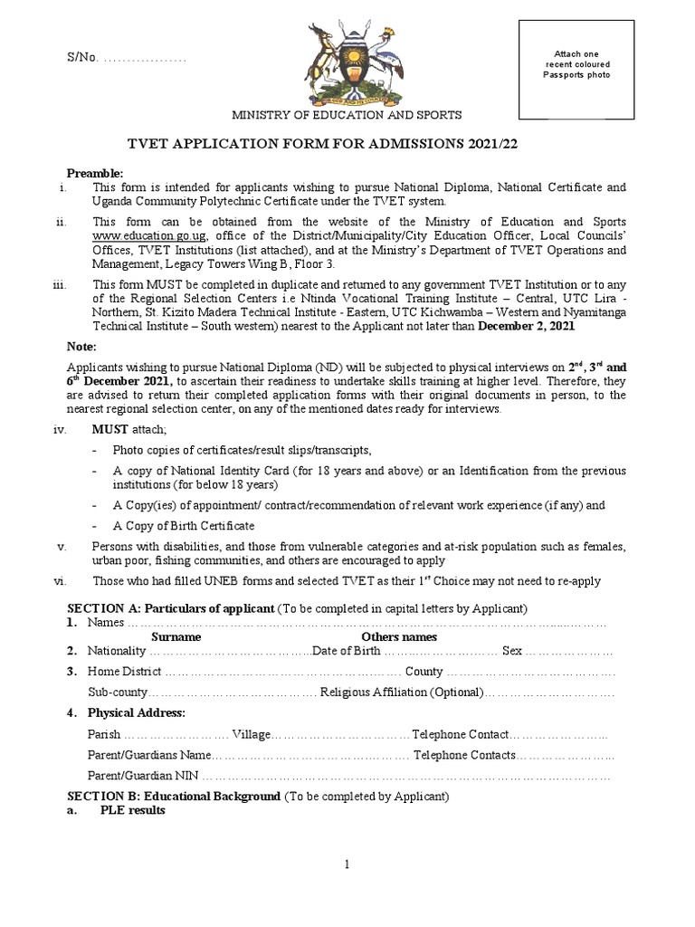Tvet Application Form For Admissions 2021/22: Ministry of Education and ...