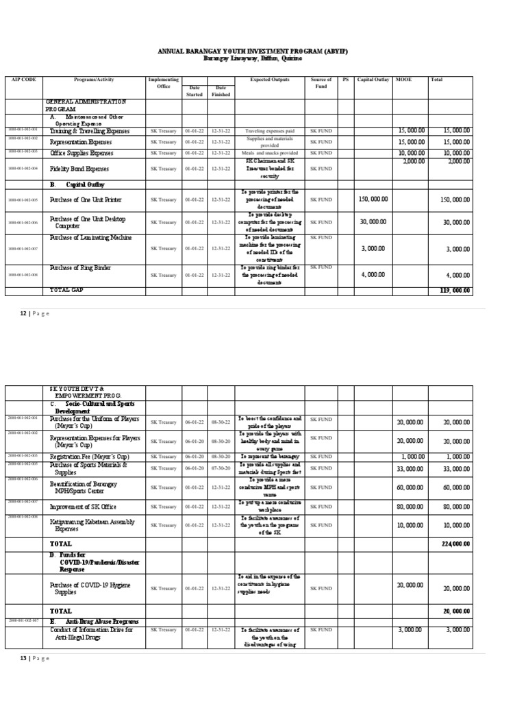 Annual Barangay Youth Investment Program (Abyip) Barangay Liwayway ...