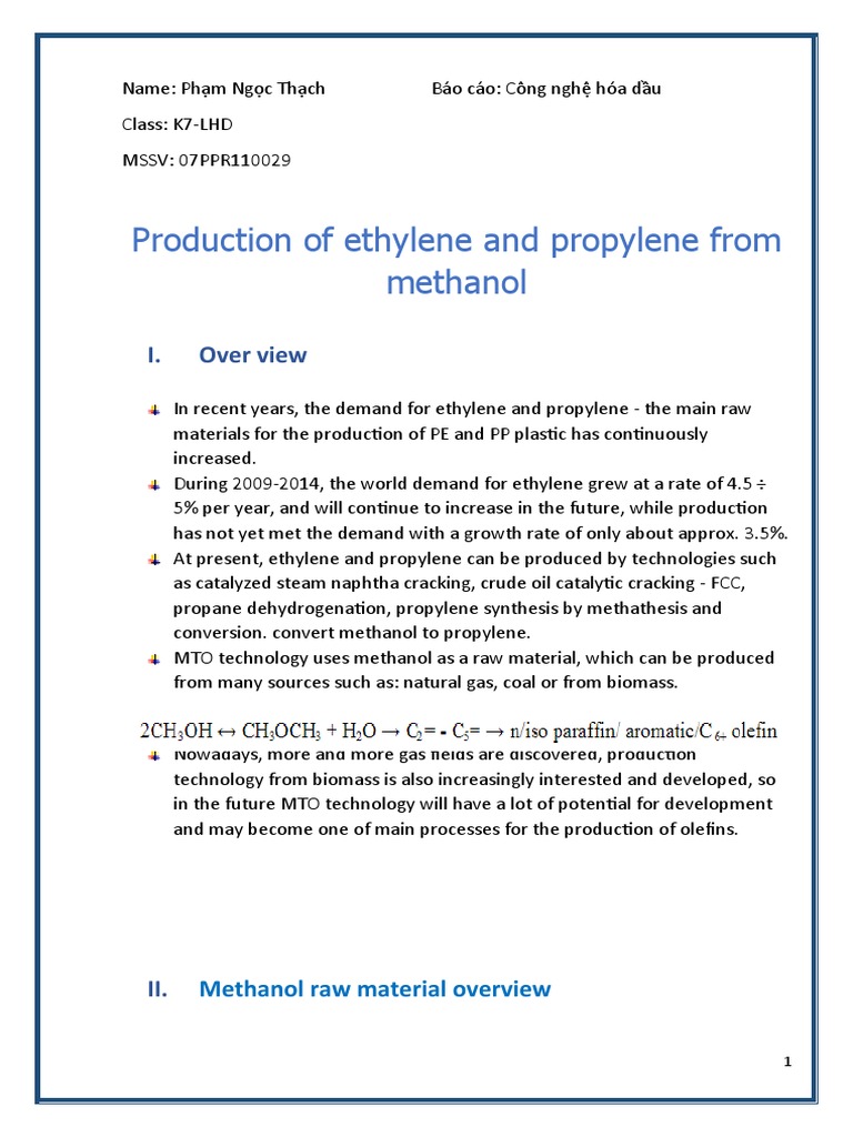 Production of Ethylene and Propylene From Methanol: I. Over View | PDF ...