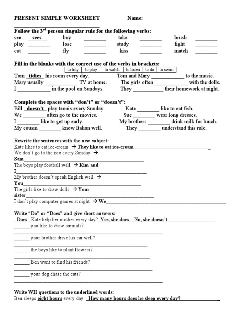 Present Simple Worksheet | PDF | Syntax | Languages