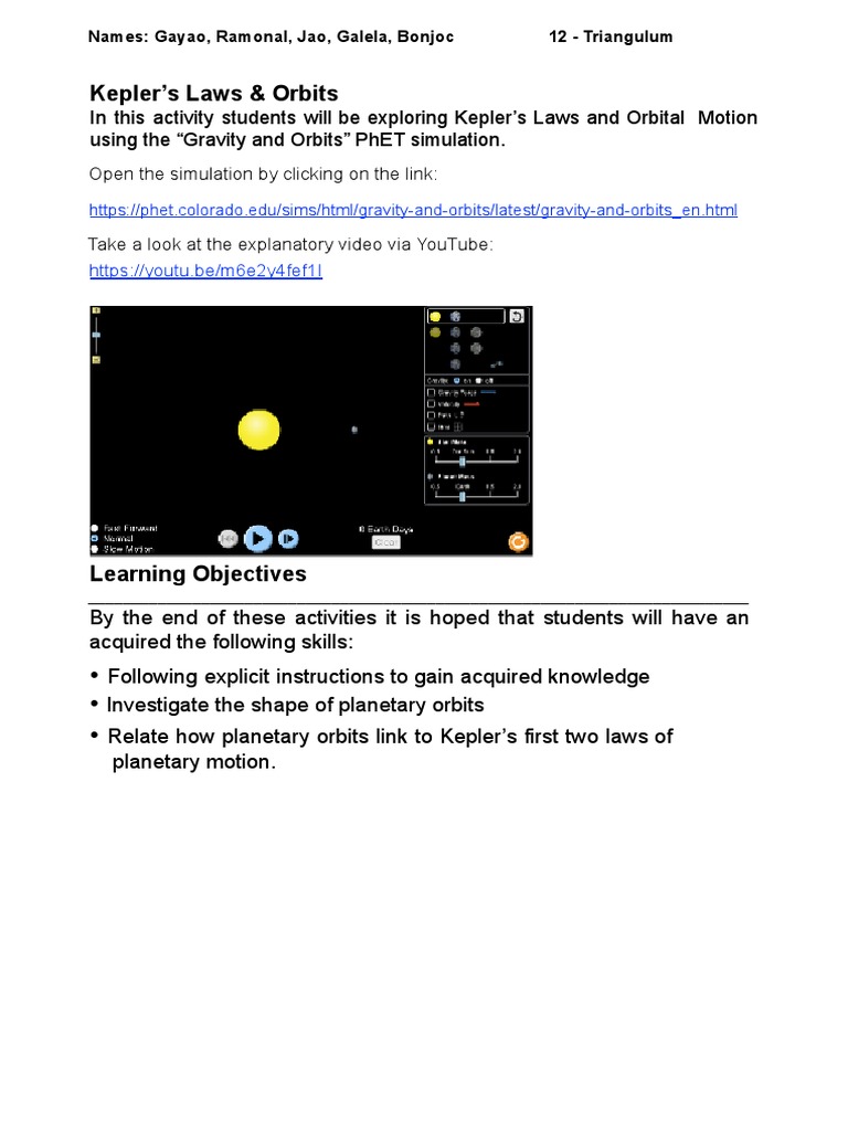 PhET Kepler's Laws & Orbits Qu | PDF | Orbit | Planets