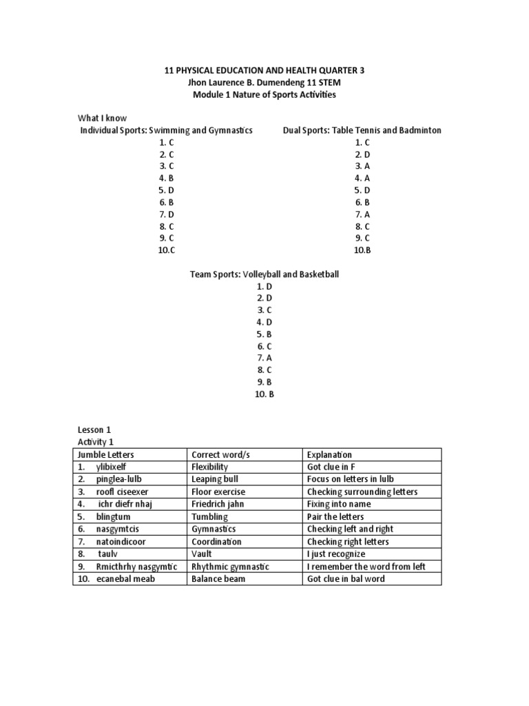 11 Physical Education and Health Quarter 3 Week 1 | PDF | Table Tennis ...