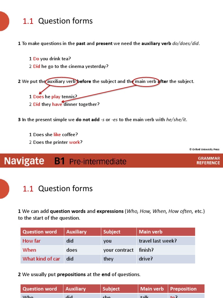 Question Forms: 1 To Make Questions in The Past and Present We Need The ...