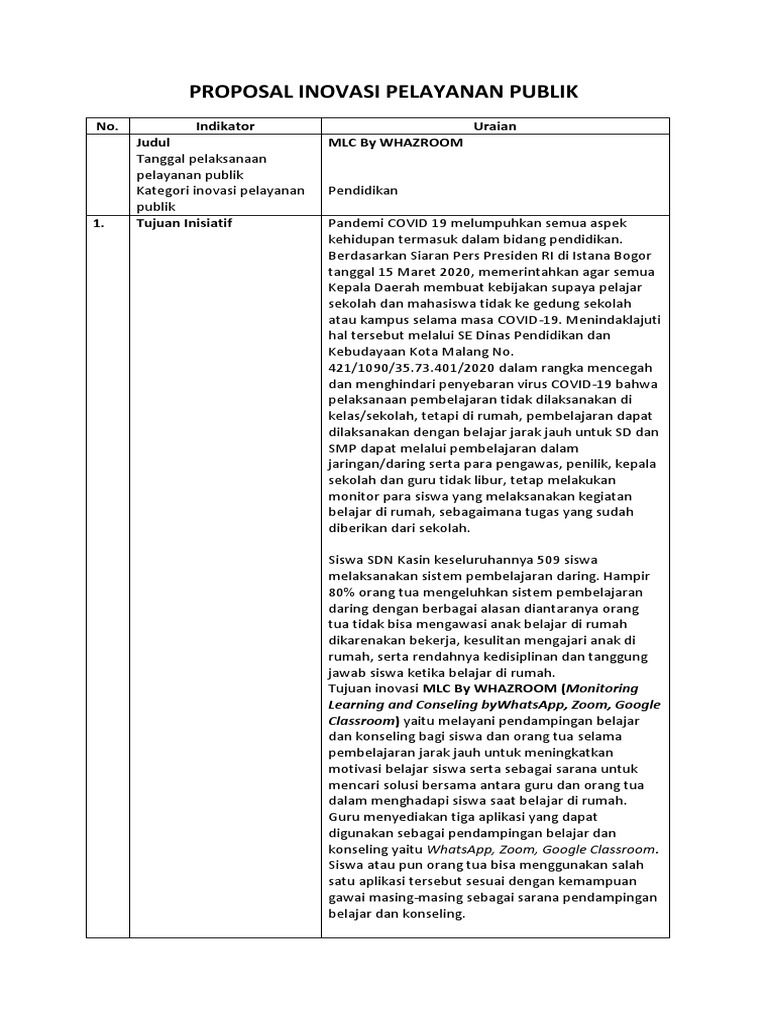 PROPOSAL INOVASI PELAYANAN PUBLIK MLC by WHAZROOM | PDF