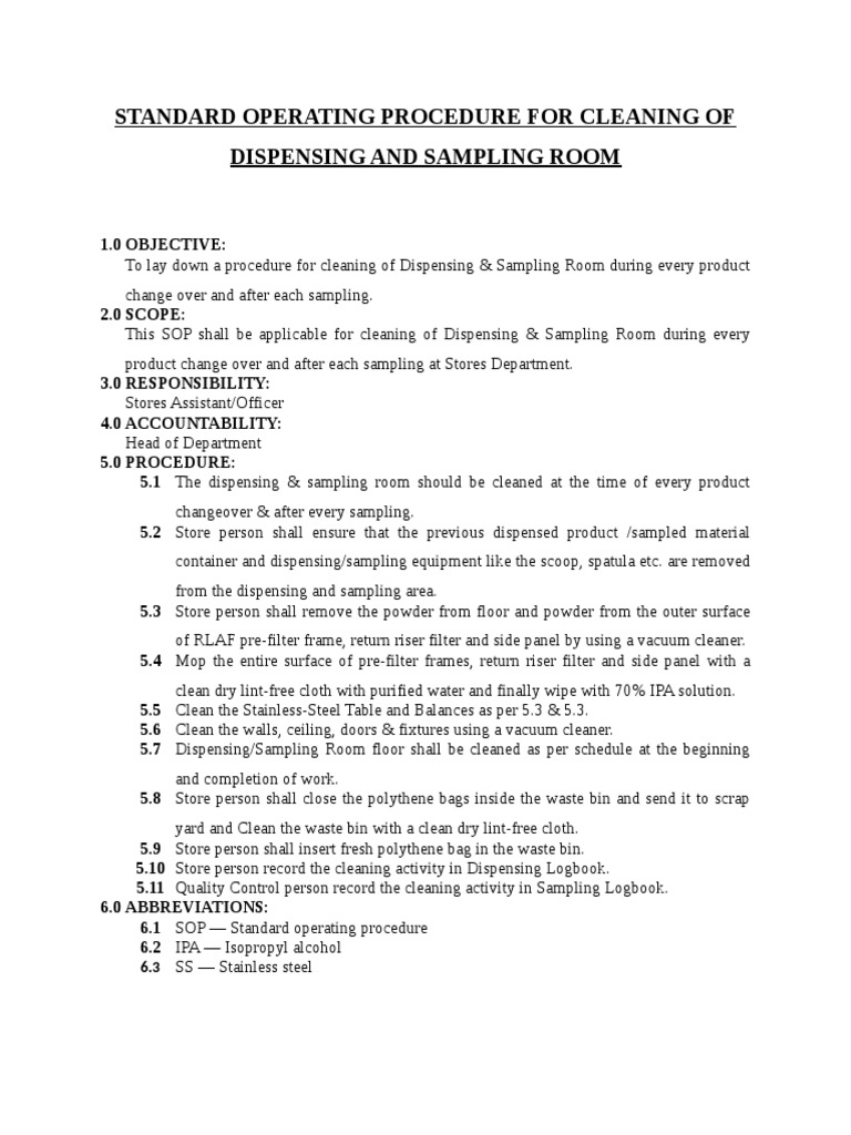 SOP for Cleaning Dispensing Room | PDF