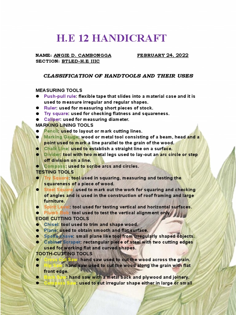 H-E 12 (Classification of Handtools and Their Uses) | PDF | Wood | Tools