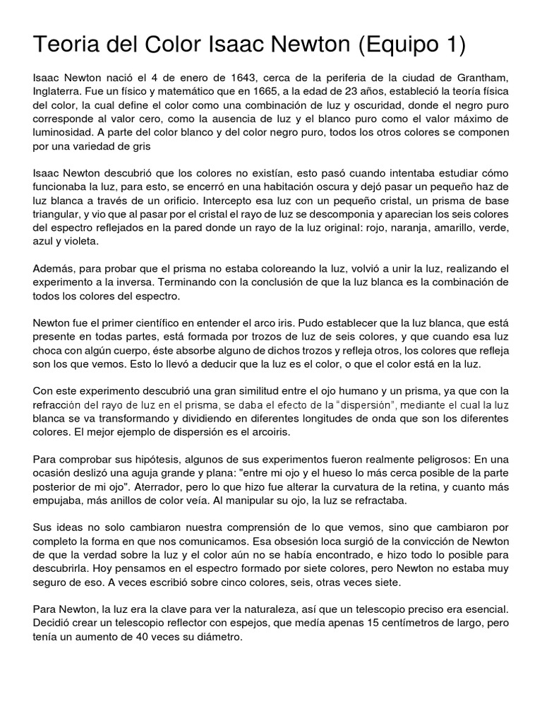Teoria Del Color - Isaac Newton | PDF | Color | Ligero