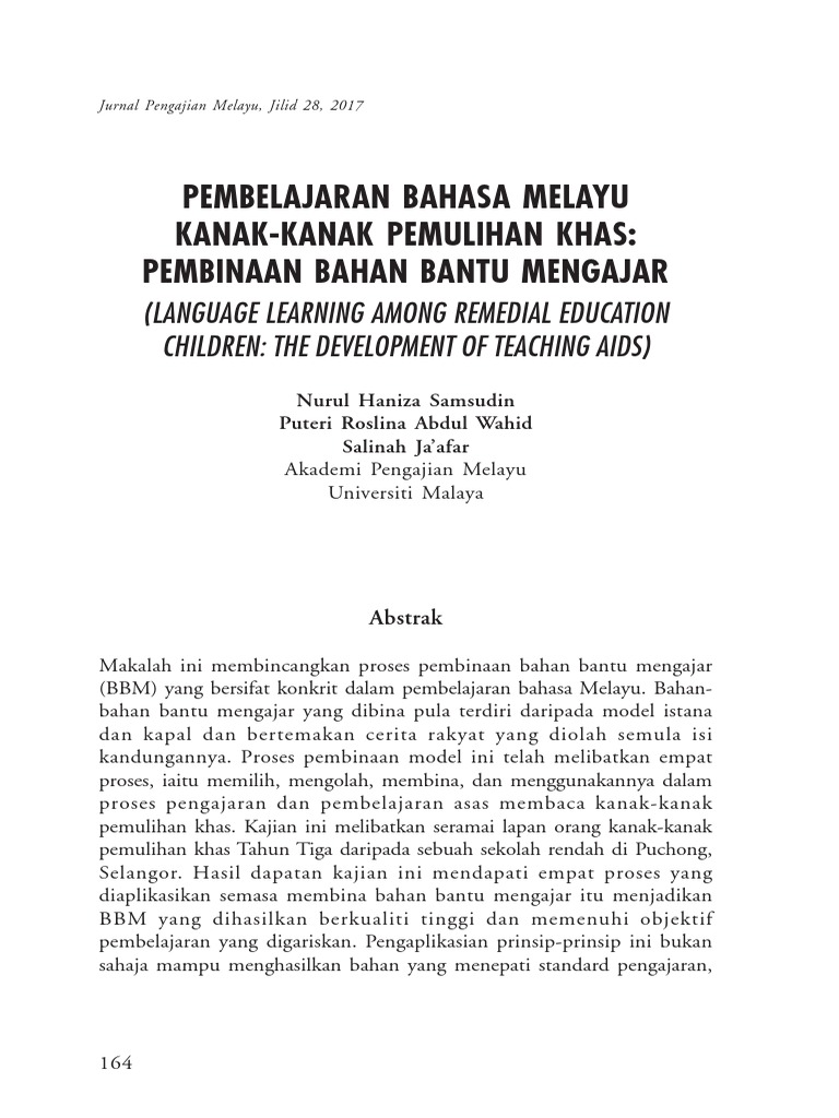 Pembelajaran Bahasa Melayu Kanak-Kanak Pemulihan Khas: Pembinaan Bahan Bantu Mengajar | PDF