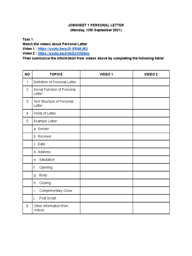 Job Sheet 1 Personal Letter | PDF