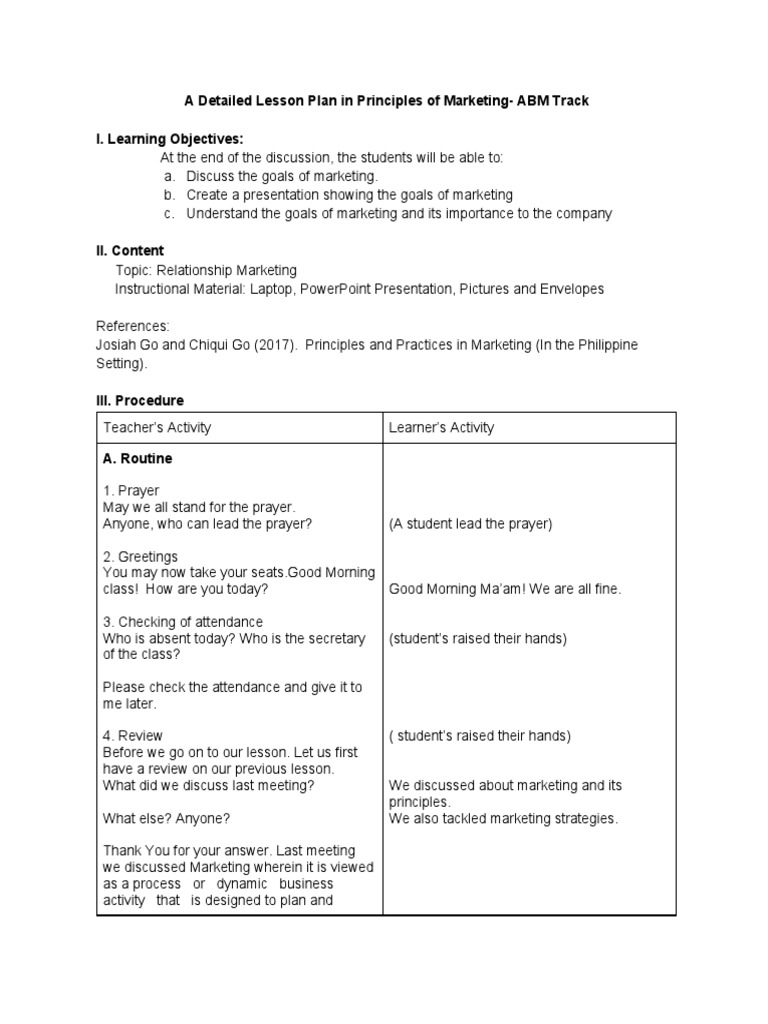 A Detailed Lesson Plan in Principles of Marketing-ABM Track I. Learning ...