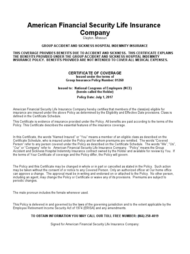 American Financial Security Life Insurance Company: Certificate of ...