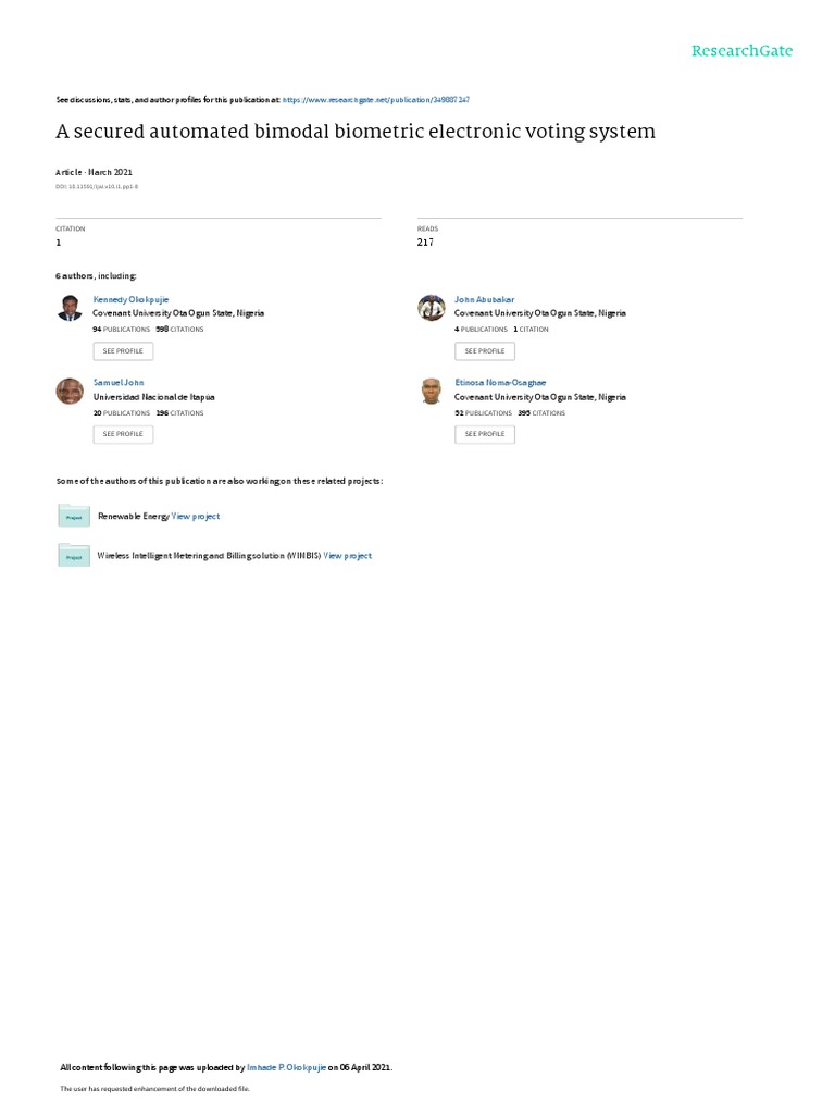 Secured Automated Bimodal Biometric E-Voting | PDF | Biometrics ...
