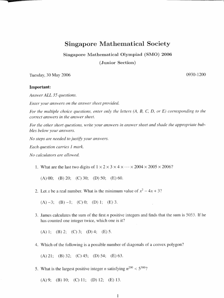 SMO 2006 Junior Section Questions | PDF