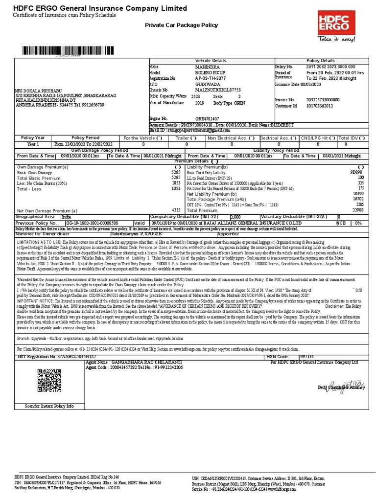 Private Car Package Policy: Certificate of Insurance Cum Policy ...