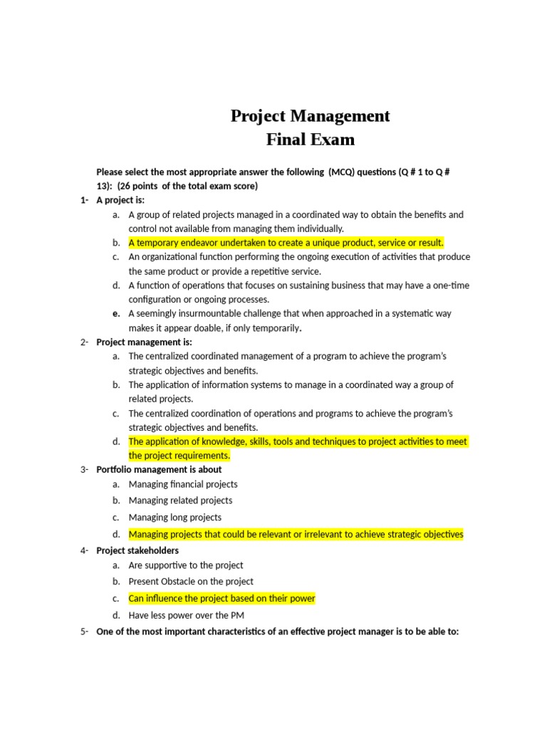Project Management Final Exam | PDF | Project Management | Risk