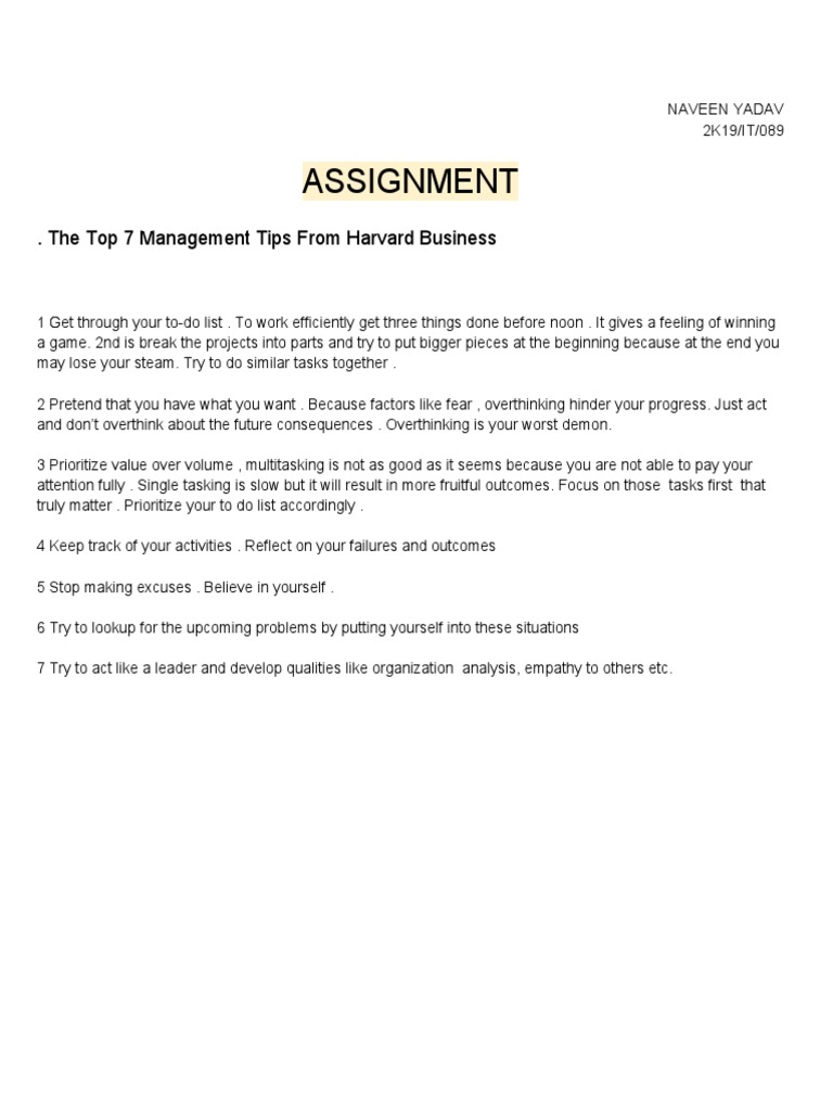 Assignment: - The Top 7 Management Tips From Harvard Business | PDF