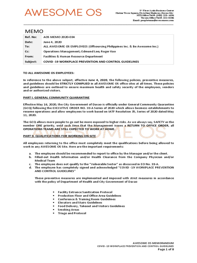 Memo - Covid - 19 Workplace Prevention and Control Guidelines | PDF ...