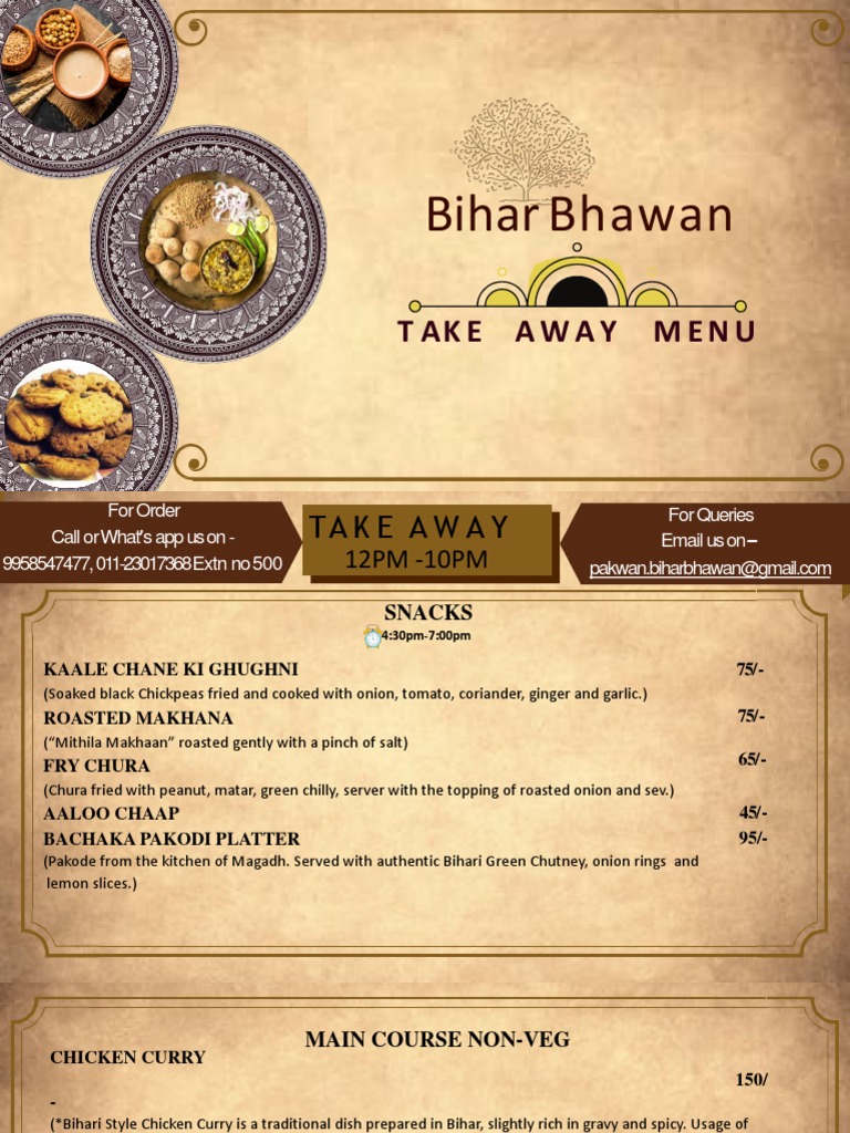 Bihar Bhawan: Take Away Menu | Download Free PDF | Curry | Food And Drink