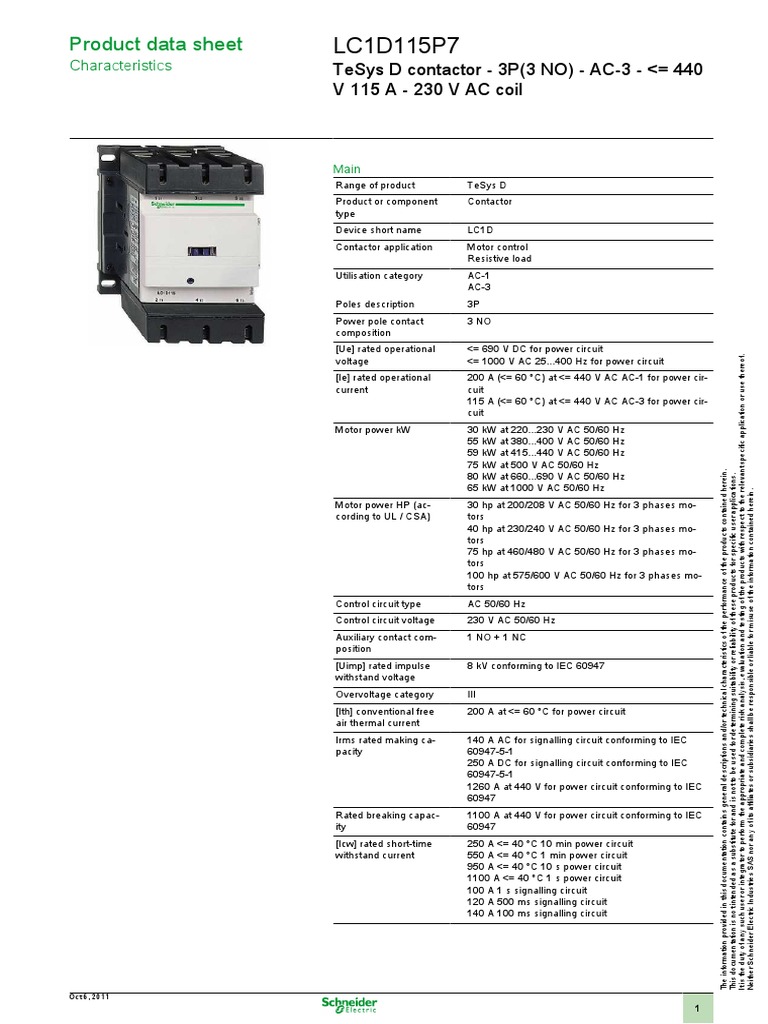 LC1D115P7: Product Data Sheet | PDF | Alternating Current | Electric Motor
