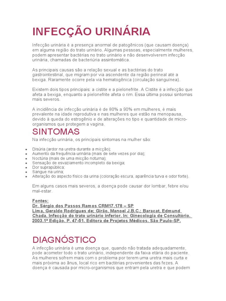 Infecção Urinária: Causas, Sintomas e Tratamento | PDF | Infecção do ...