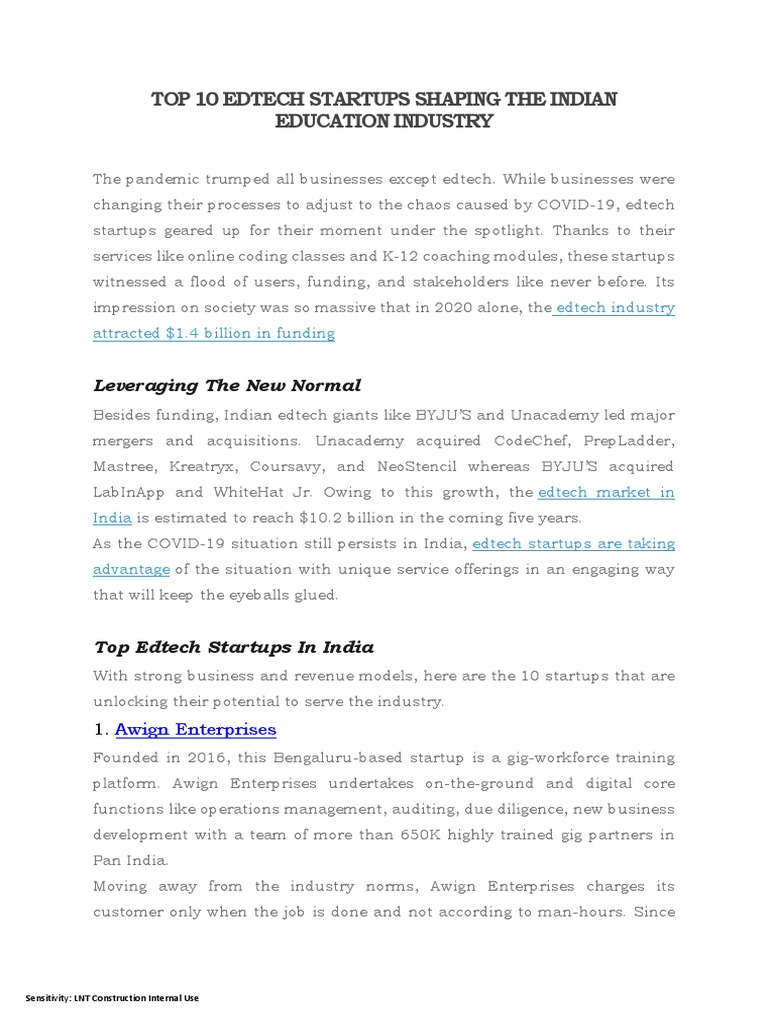 Top 10 EdTech Startups in India | PDF | Educational Technology ...