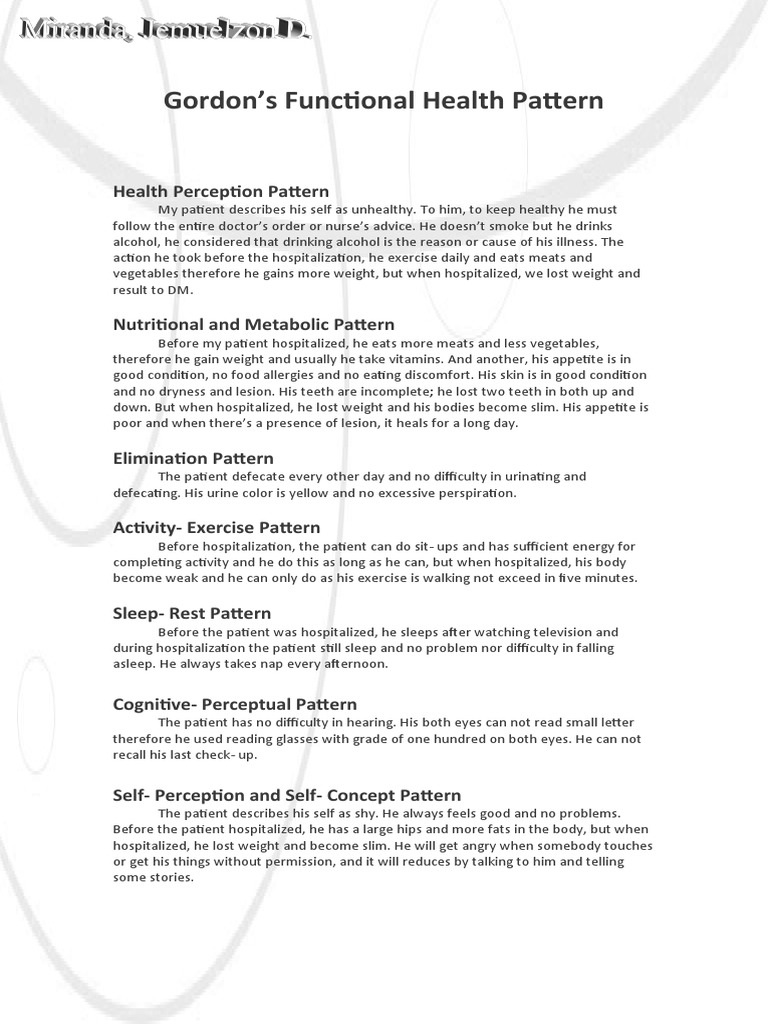 Gordon S Functional Health Pattern For DM | PDF | Medical Specialties ...