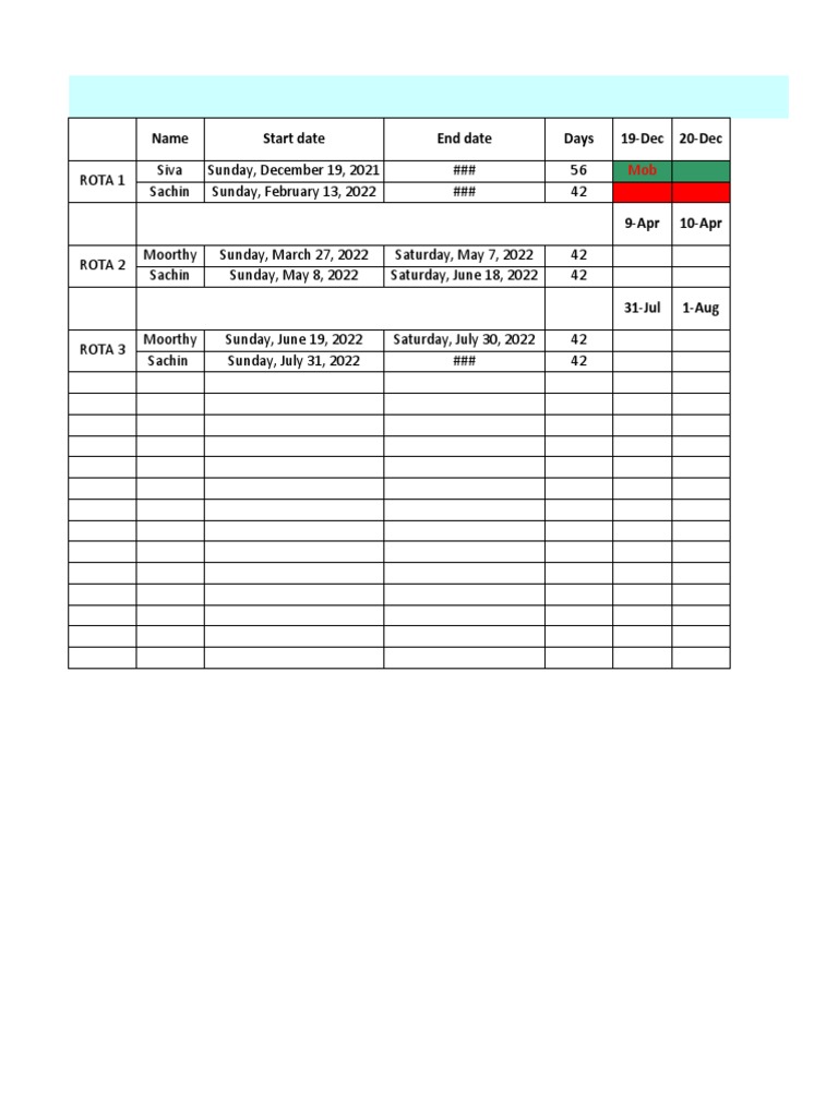 Mob - Demob Chart: Name Start Date End Date Days 19-Dec 20-Dec | PDF