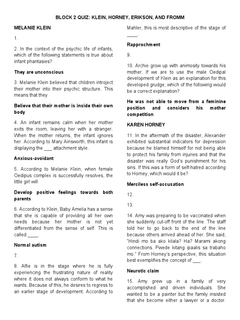 Psychology Block 2 Quiz | PDF | Oedipus Complex | Neurosis