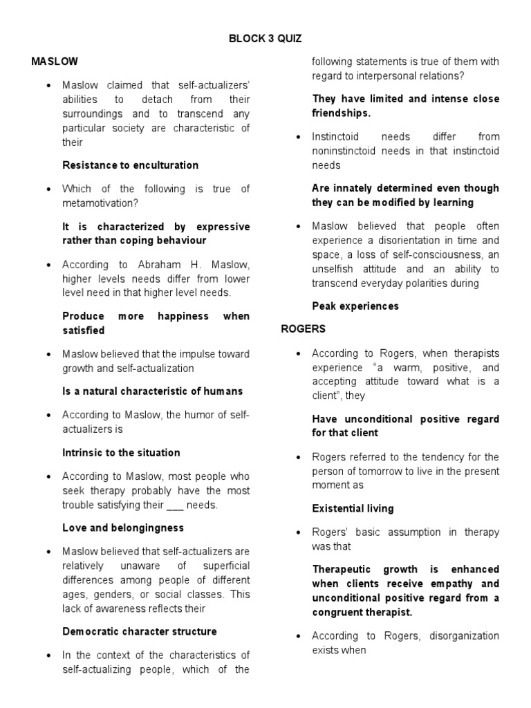 Psychology Block 3 Quiz | PDF | Self Actualization | Cognition