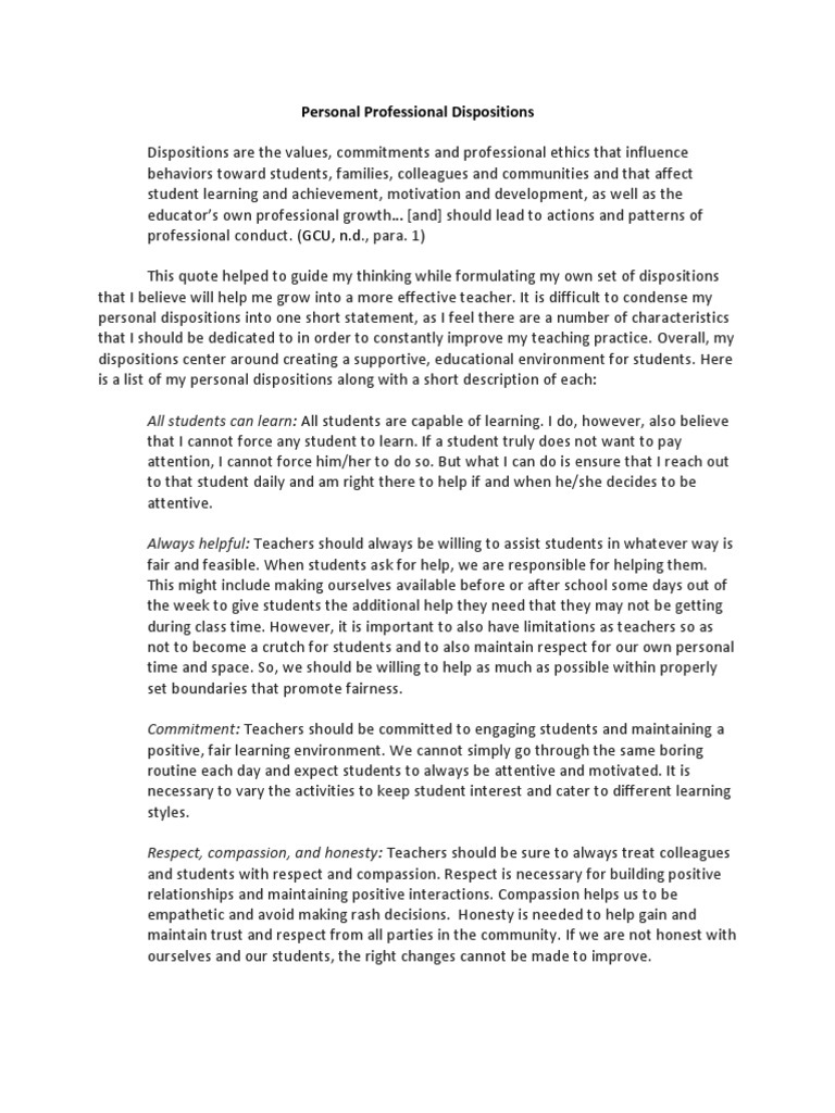 Clark - Personal Professional Dispositions | PDF | Teachers | Learning