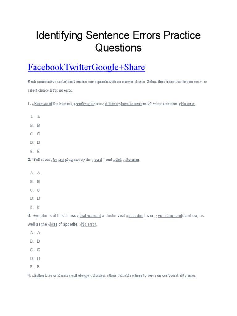 Identifying Sentence Errors Practice Questions | PDF | Verb ...