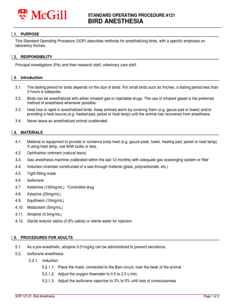 Bird Anesthesia: Standard Operating Procedure #121 | Download Free PDF ...