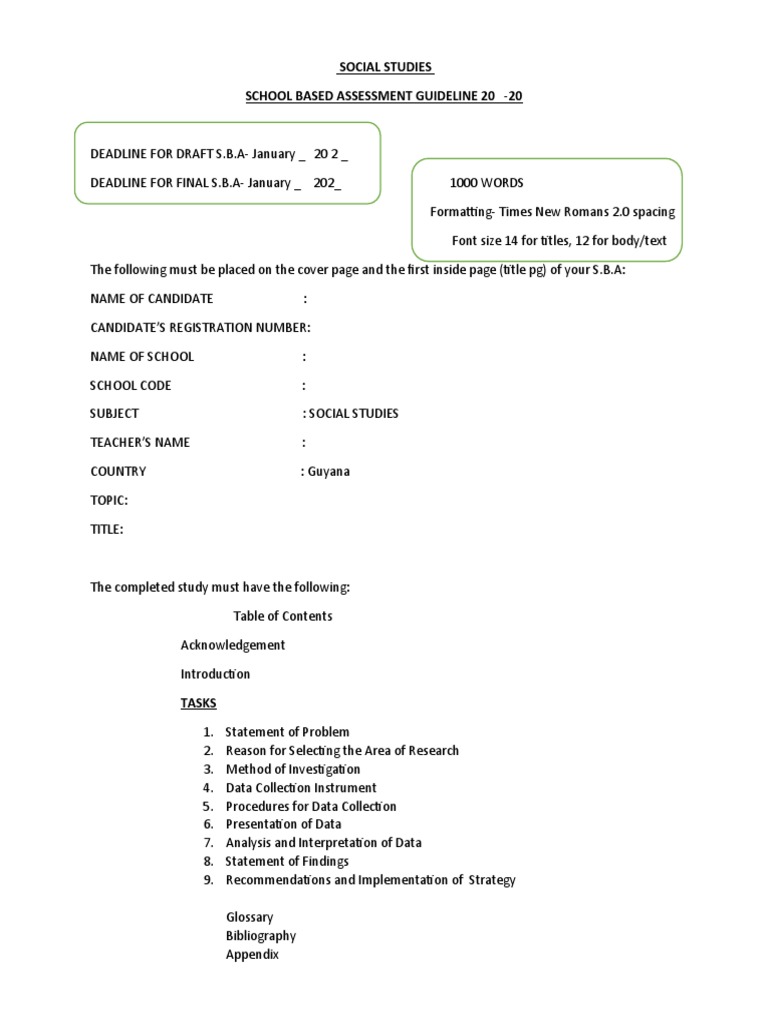 New SOCIAL STUDIES SBA Guideline | PDF | Questionnaire | Survey Methodology