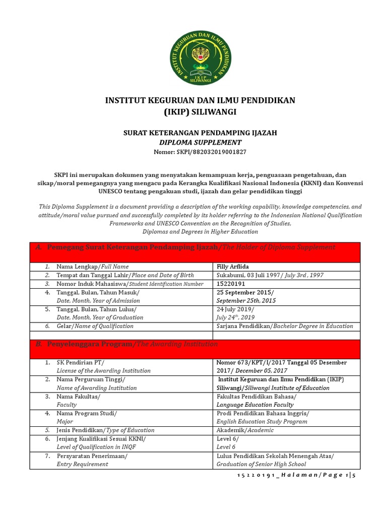 Contoh SKPI Ijazah SD dan Pendidikan | PDF