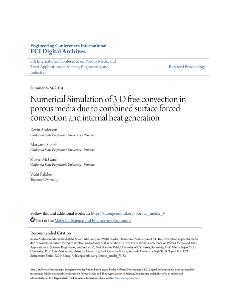 Numerical Simulation Of 3 D Free Convection In Porous Media Due To