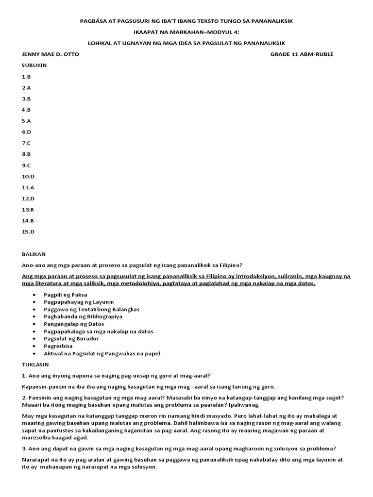Pagbasa at Pagsusuri Kwarter 4 Modyul 4 (Jenny Mae D. Otto Grade 11 Abm ...
