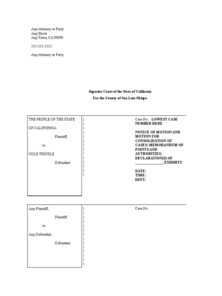 Sample Motion For Consolidation of Cases in California | PDF ...