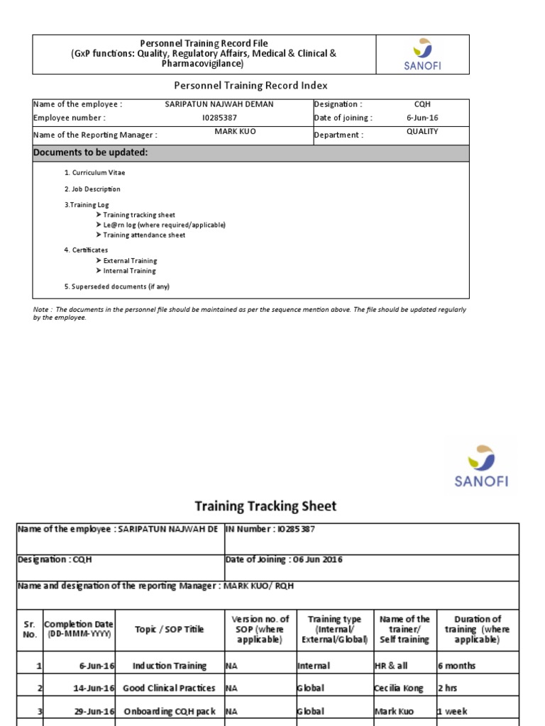 Personnel Training Record File Training Program Training Curricula ...