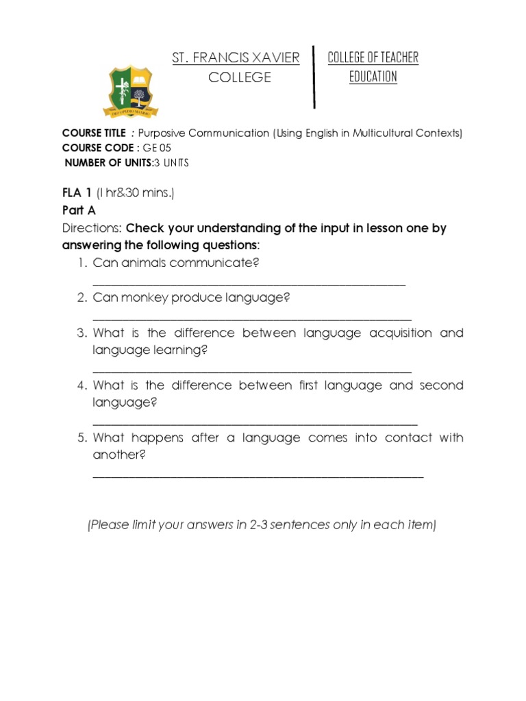 FLA 1 Language and Communication | PDF | Second Language | Language ...