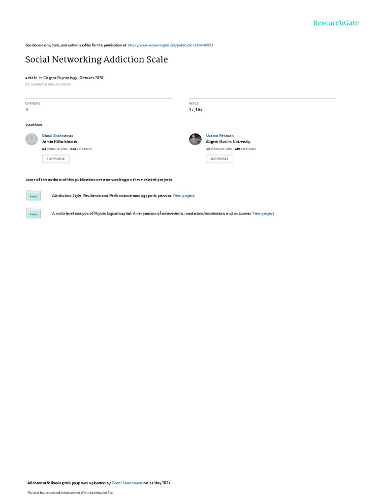 Social Networking Addiction Scale: Cogent Psychology October 2020 | PDF ...