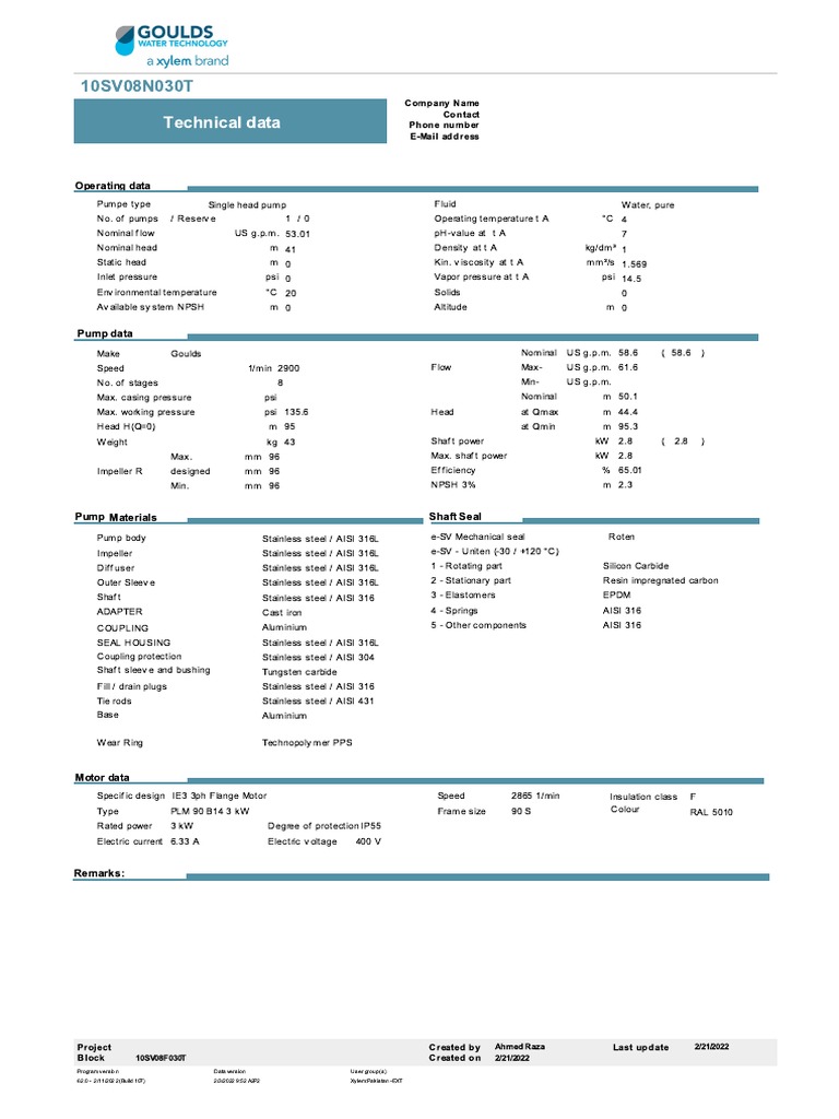 Technical Data: 10SV08N030T | PDF | Pump | Materials
