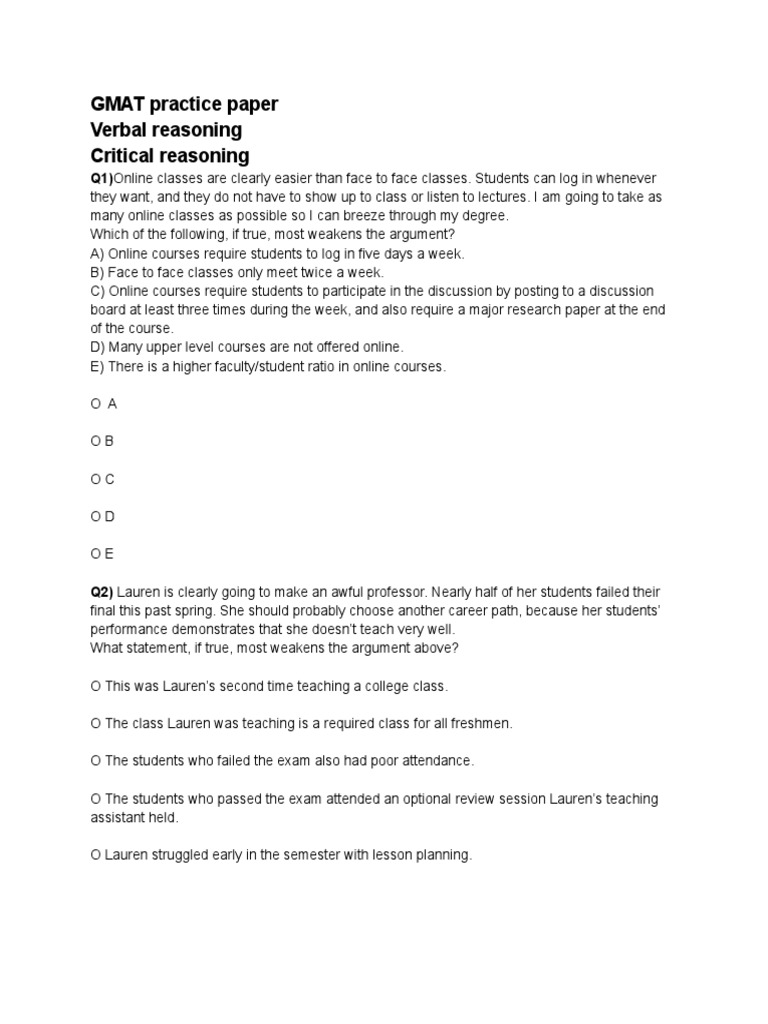 GMAT Practice Paper Verbal Reasoning Critical Reasoning | PDF ...