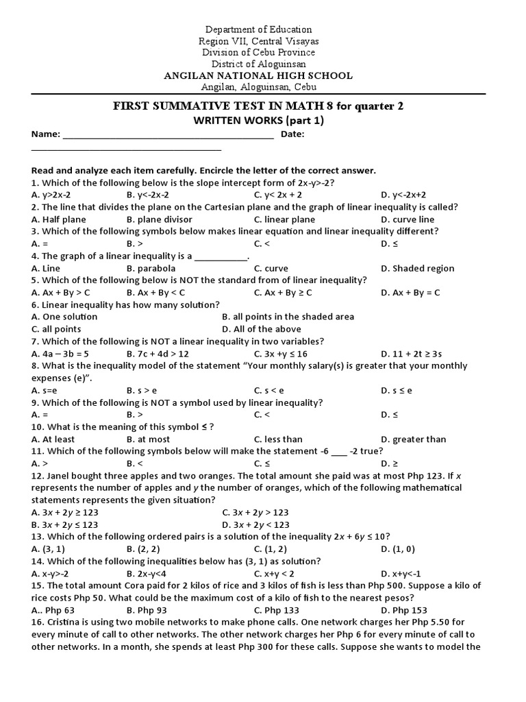 Math 8 First Summative Q2 | PDF | Inequality (Mathematics) | Mathematics
